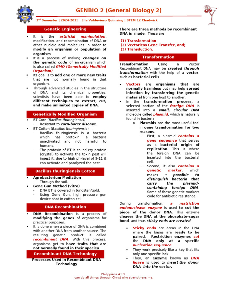 GEN BIO NOTES (module) | PDF | Transformation (Genetics) | Plasmid