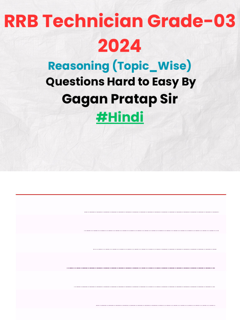 RRB Technician Grade 3 Reasoning Topic Wise Hard To Easy Hindi | PDF