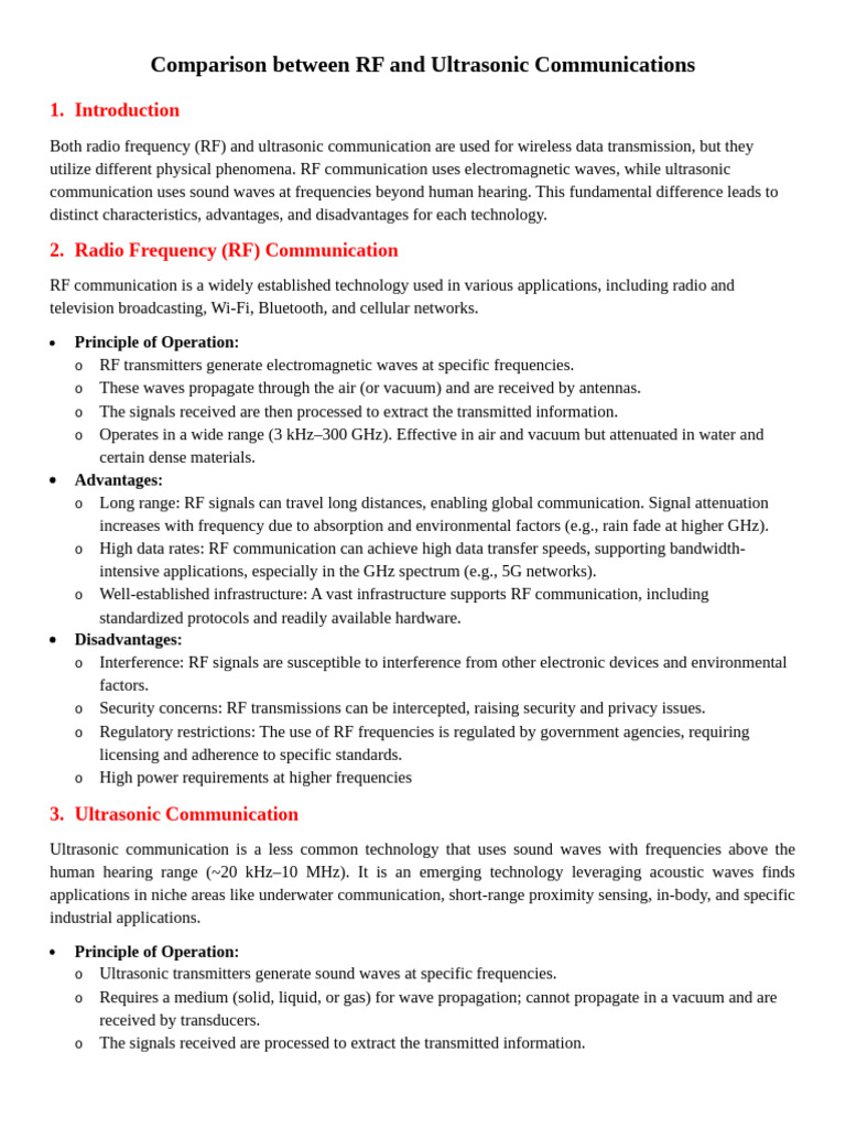 Comparison Between RF and Ultrasonic Communications | PDF | Radio | Electromagnetic Interference