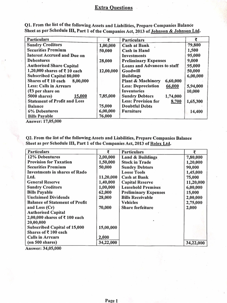 Extra Questions of Companies Balance Sheet | PDF