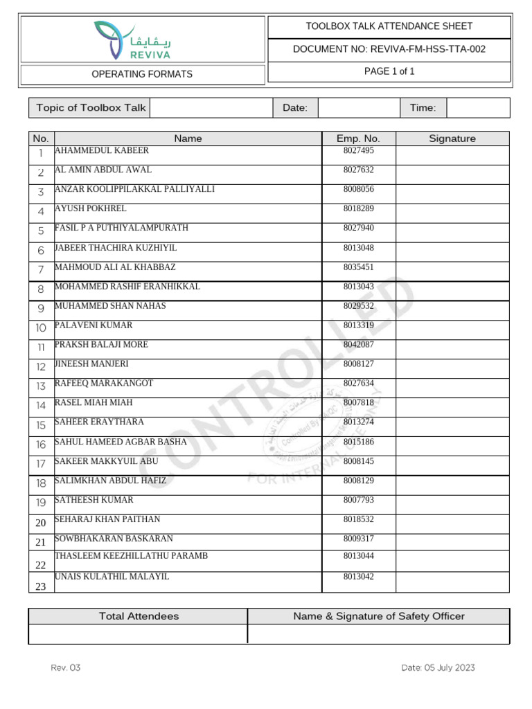 Toolbox Talk Attendance Sheet | PDF
