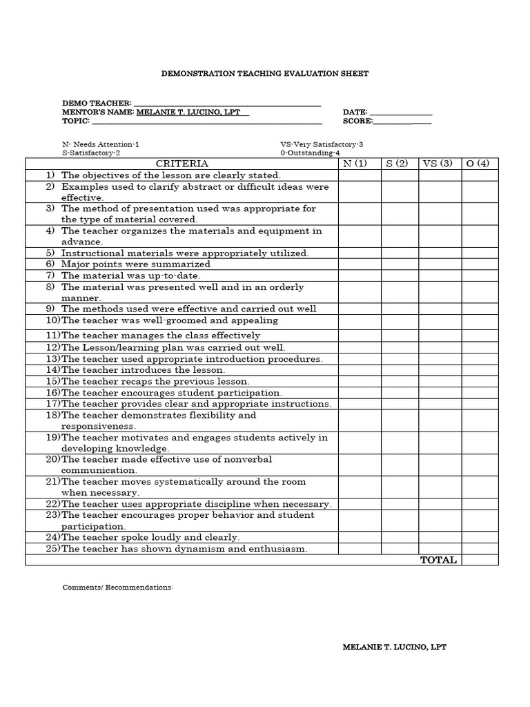 Demonstration Teaching Evaluation Sheet - Traditional | PDF