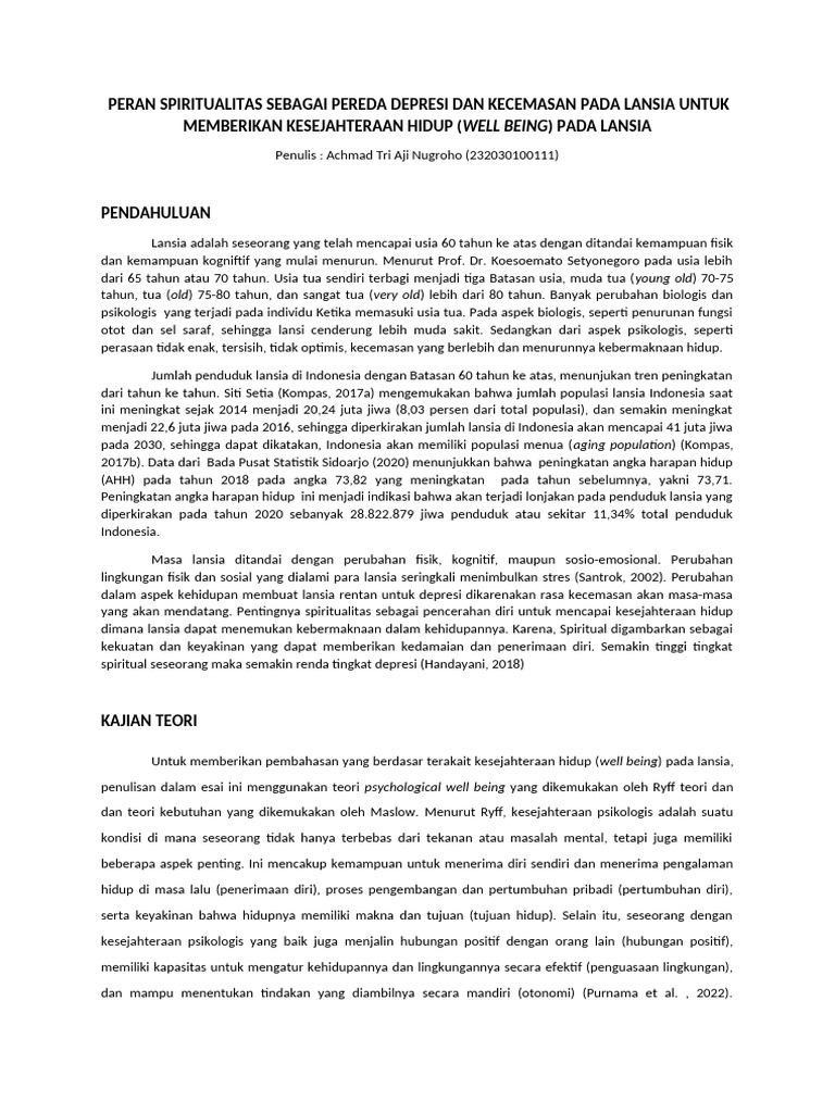 PERAN SPIRITUALITAS SEBAGAI PEREDA DEPRESI DAN KECEMASAN PADA LANSIA UNTUK MEMBERIKAN ...