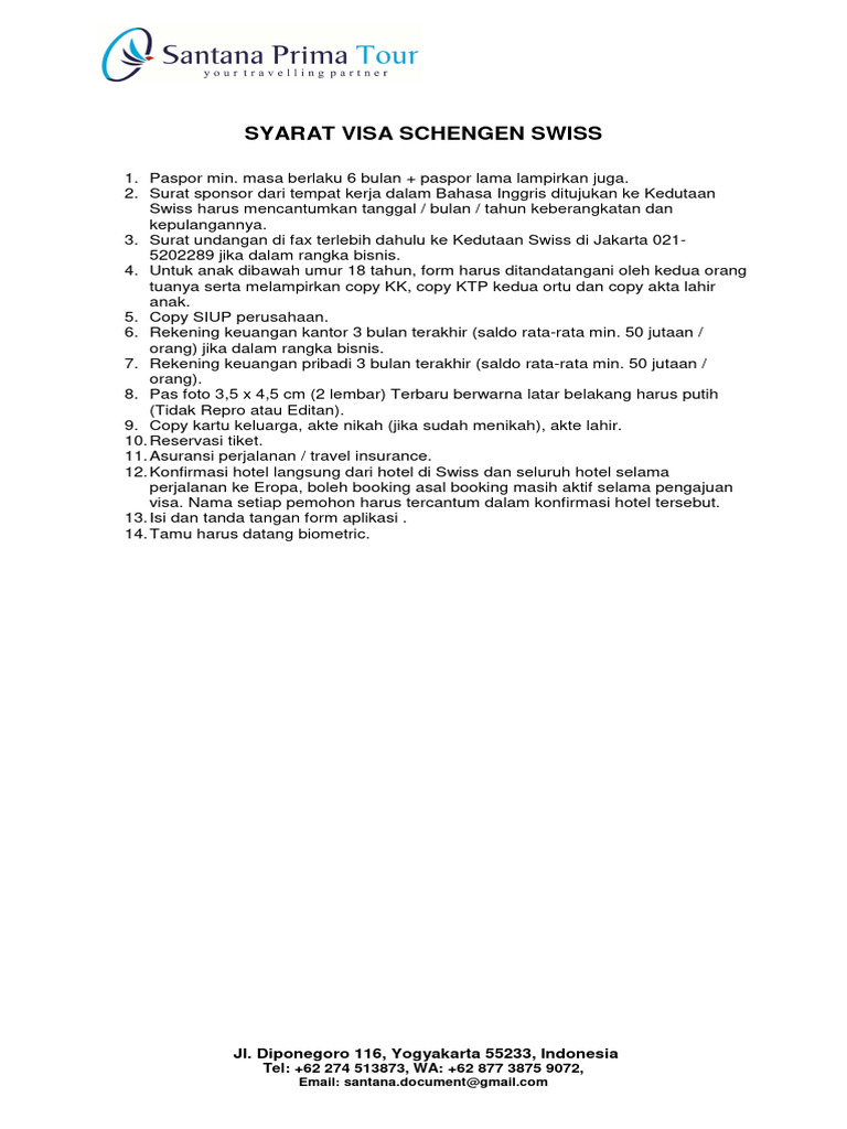 Syarat Visa Swiss | PDF