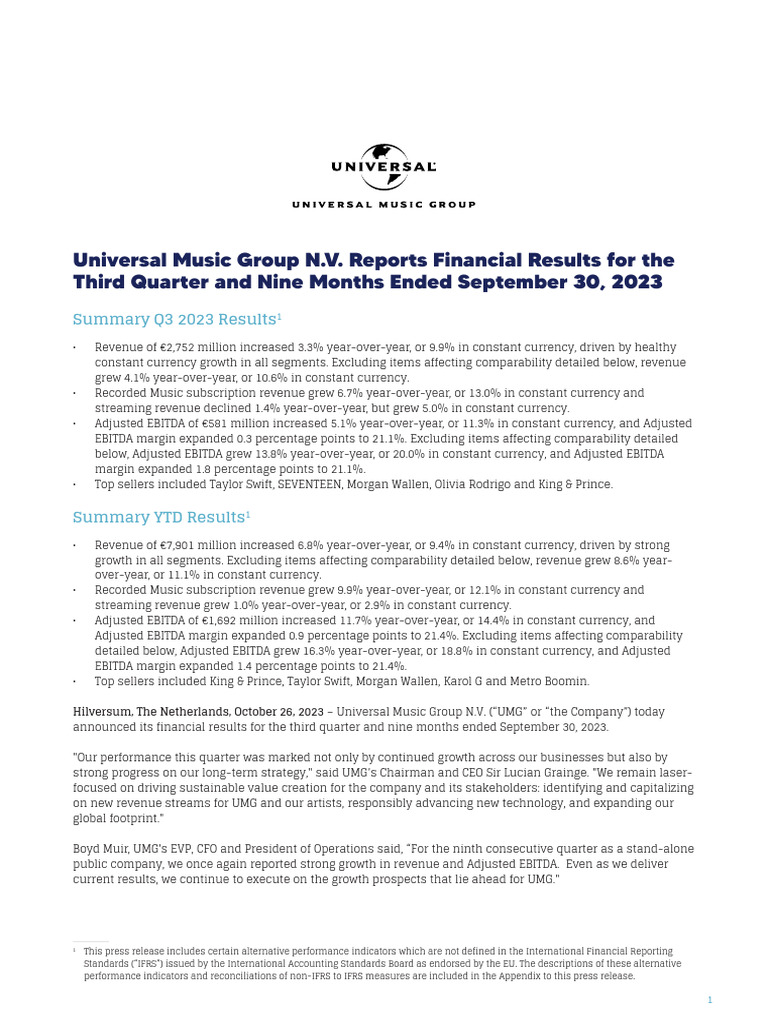 UMG 3Q2023 Results Press Release | PDF | Economies | Financial Accounting