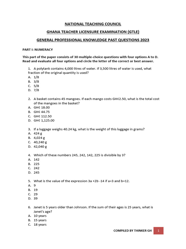 GTLE Past Questions for Teachers | PDF | Learning | Educational Assessment