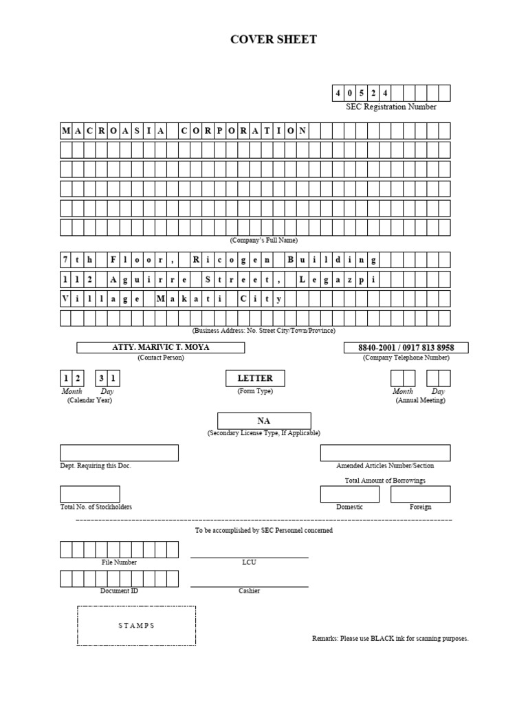 MacroAsia Corporation SEC Cover Sheet | PDF