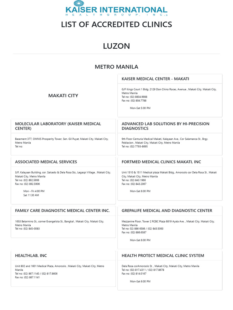 Kaiser International Health Group Inc - ACCREDITED CLINICS | PDF ...