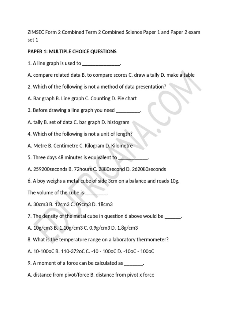 ZIMSEC Form 2 Combined Term 2 Combined Science Paper 1 and Paper 2 Exam ...