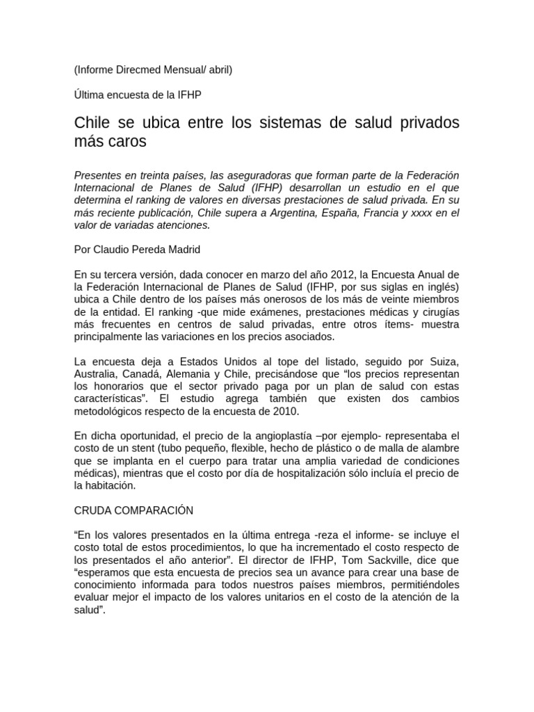 Última encuesta de la IFHP | PDF | Chile | Hospital