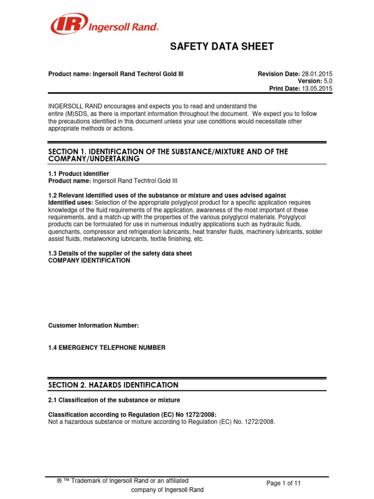 Uk Sds Ingersoll Rand Techtrol Gold III | PDF | Toxicity | Occupational ...