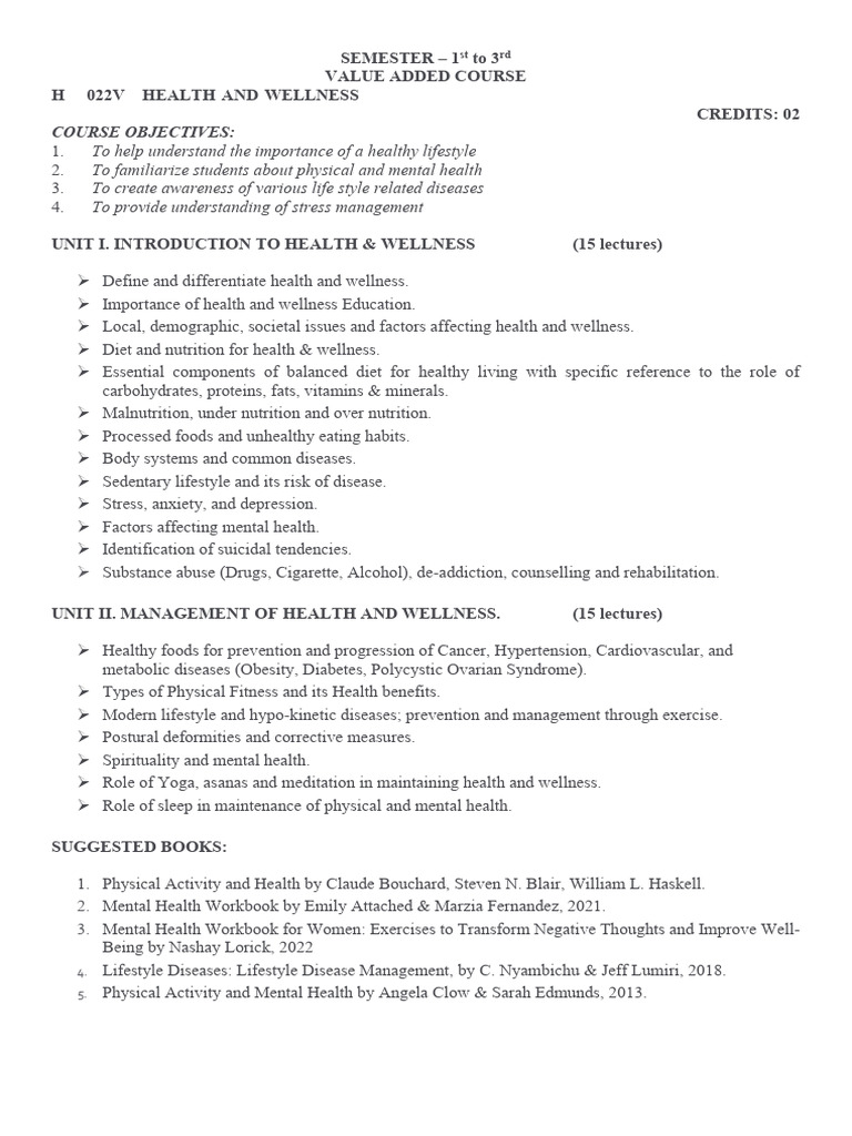 Health and Wellness 1st Sem Syllabus | PDF | Mental Health | Nutrition