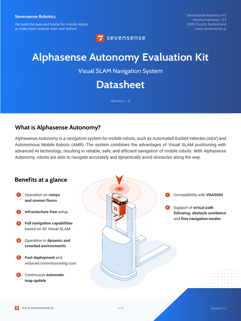 Alphasense Autonomy Evaluation Kit Datasheet: Visual SLAM Navigation System | PDF | Robot | Robotics