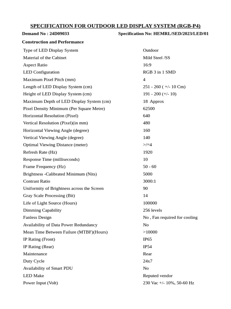 LED Dispaly Spec | PDF | Pixel | Display Technology