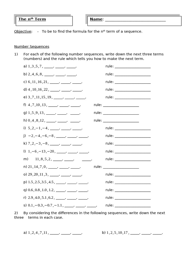 The nth Term - Worksheet 1 | PDF | Mathematical Objects | Discrete ...