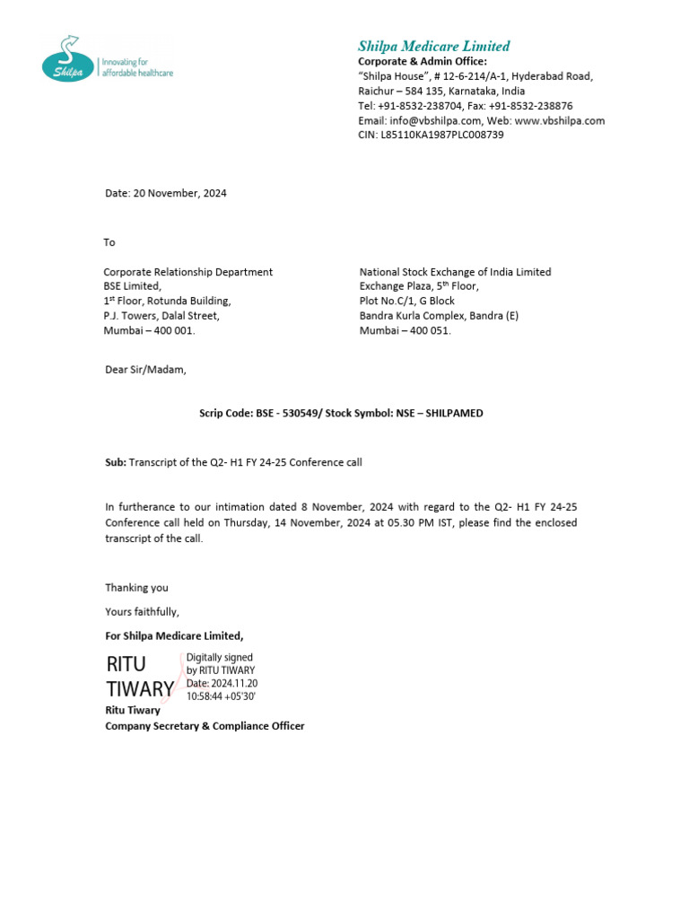 Shilpmedco Concall Reoport | PDF | Phases Of Clinical Research | Clinical Trial