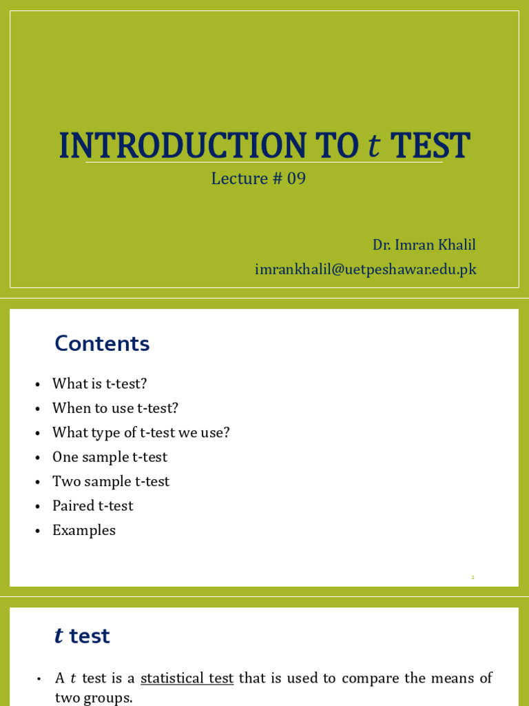 AS lecture 09 (t-test) | PDF | Student's T Test | Statistical ...