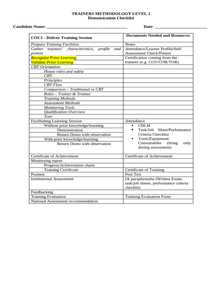 TM1_DemoChecklist_withdocumentsneeded | PDF | Learning | Behavior Modification