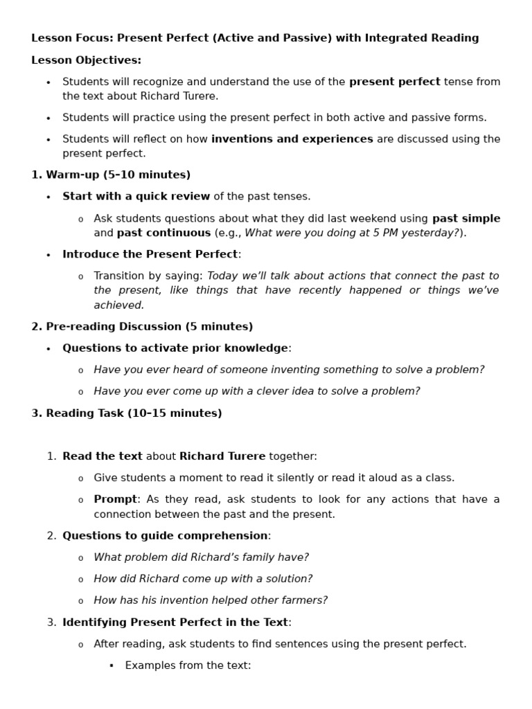 ESL Grade 8 - Lesson 4 - Presen Perfect Plan | PDF | Perfect (Grammar ...