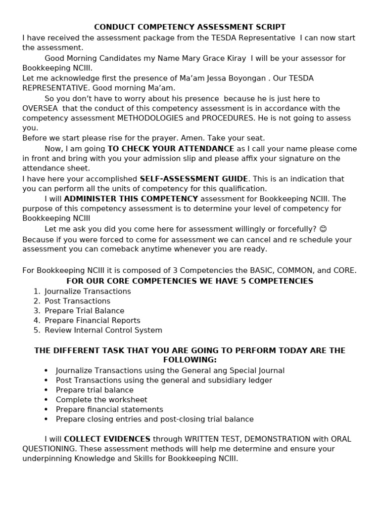 Conduct Competency Assessment Script | PDF | Bookkeeping