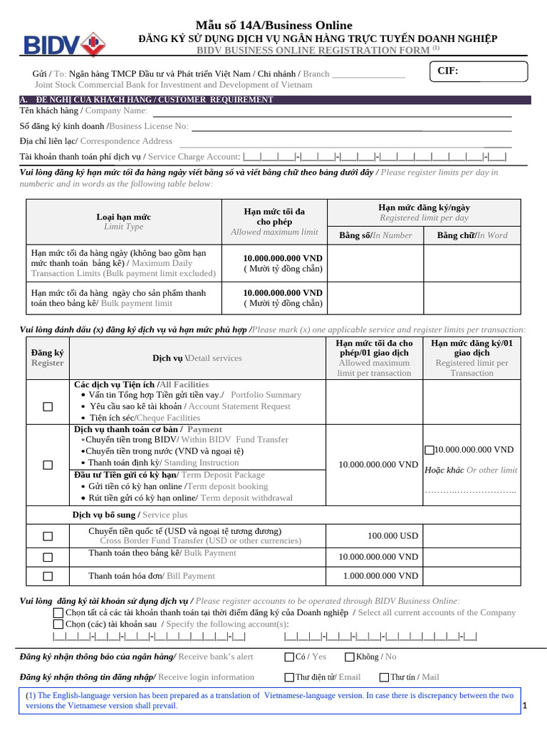 Bieu+mau+14 Mau+so+01 dang+ky+dich+vu+Bidv+Business+Online | PDF