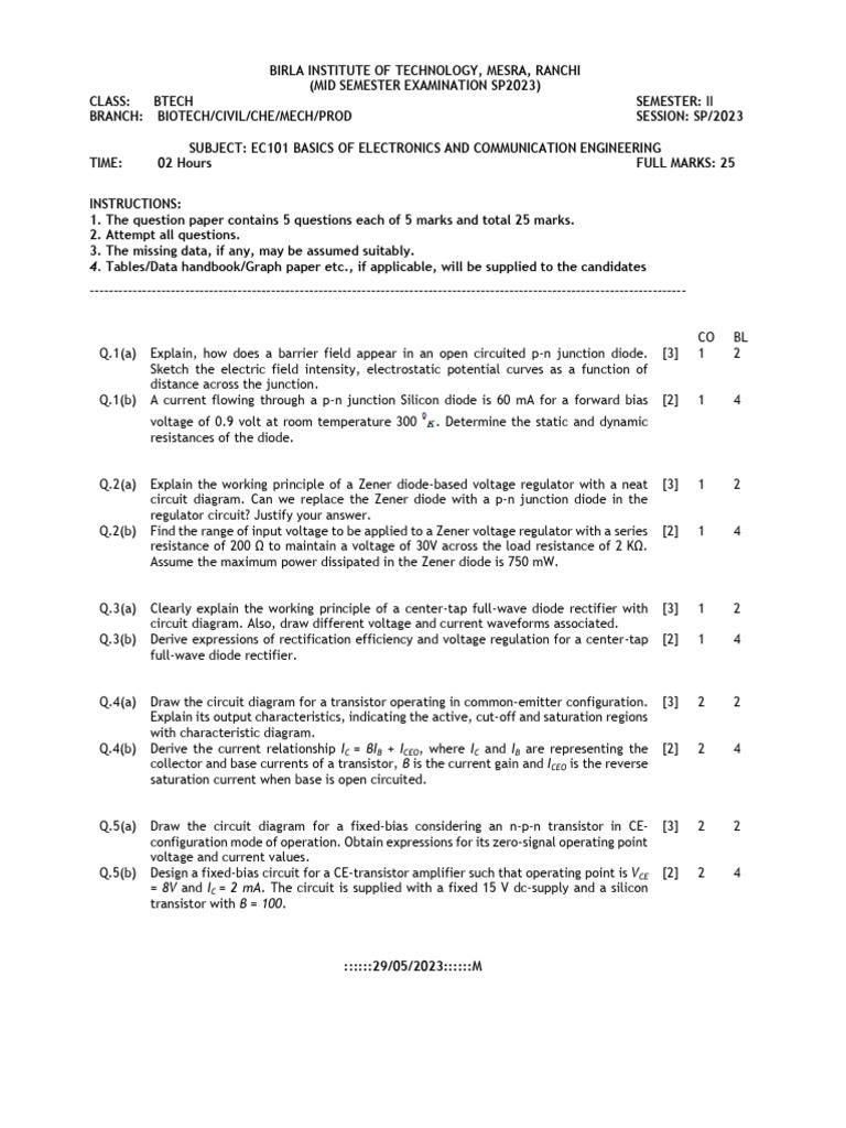 EC101 BASICS OF ELECTRONICS AND COMMUNICATION ENGINEERING (MID_SP23) | PDF | Diode | P–N Junction