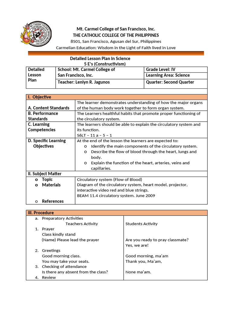 Detailed Science Lesson Plan: Circulatory System | PDF | Blood | Blood ...