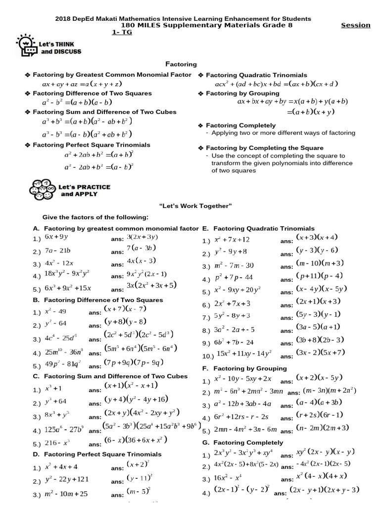 180-MILES-Math-8-Session-1-Teachers-Guide | PDF | Factorization | Area