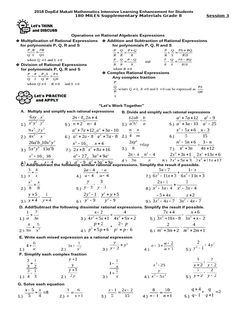 180 MILES Math 8 Session 3 | PDF | Polynomial | Rational Number