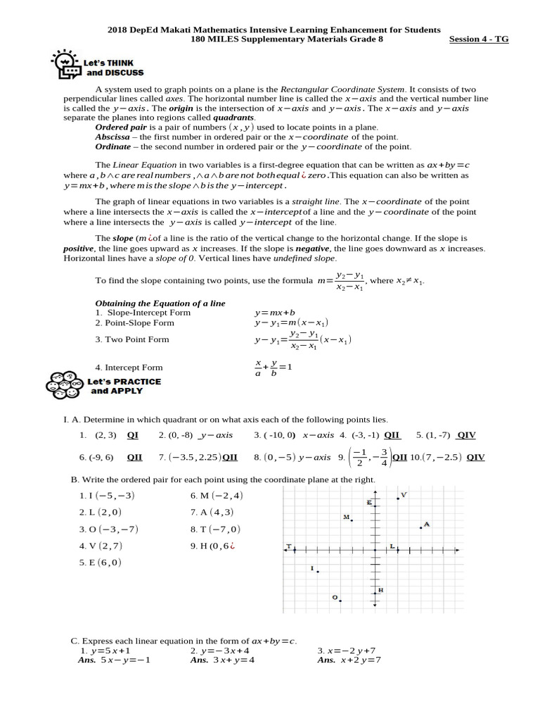 180 MILES Math 8 Session 4 Teachers Guide | PDF | Cartesian Coordinate ...