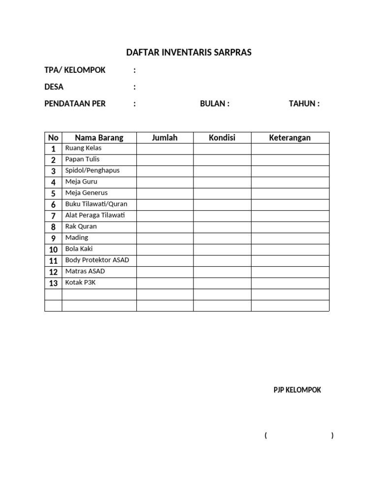 Form Daftar Inventaris Sarpras | PDF