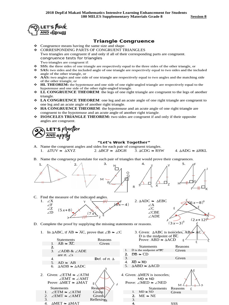 180 MILES Math 8 Session 8 | PDF | Triangle | Geometry