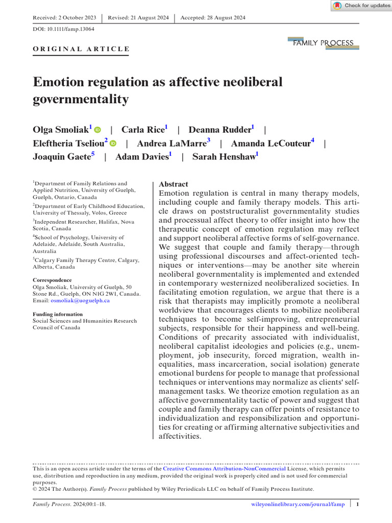 Family Process - 2024 - Smoliak - Emotion Regulation As Affective ...