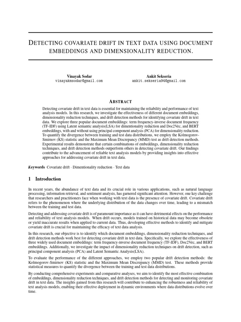 Detecting Covariate Drift in Text Data Using Document Embeddings and Dimensionality Reduction ...
