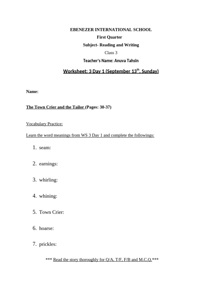Class 3 Reading Worksheet: Town Crier | PDF