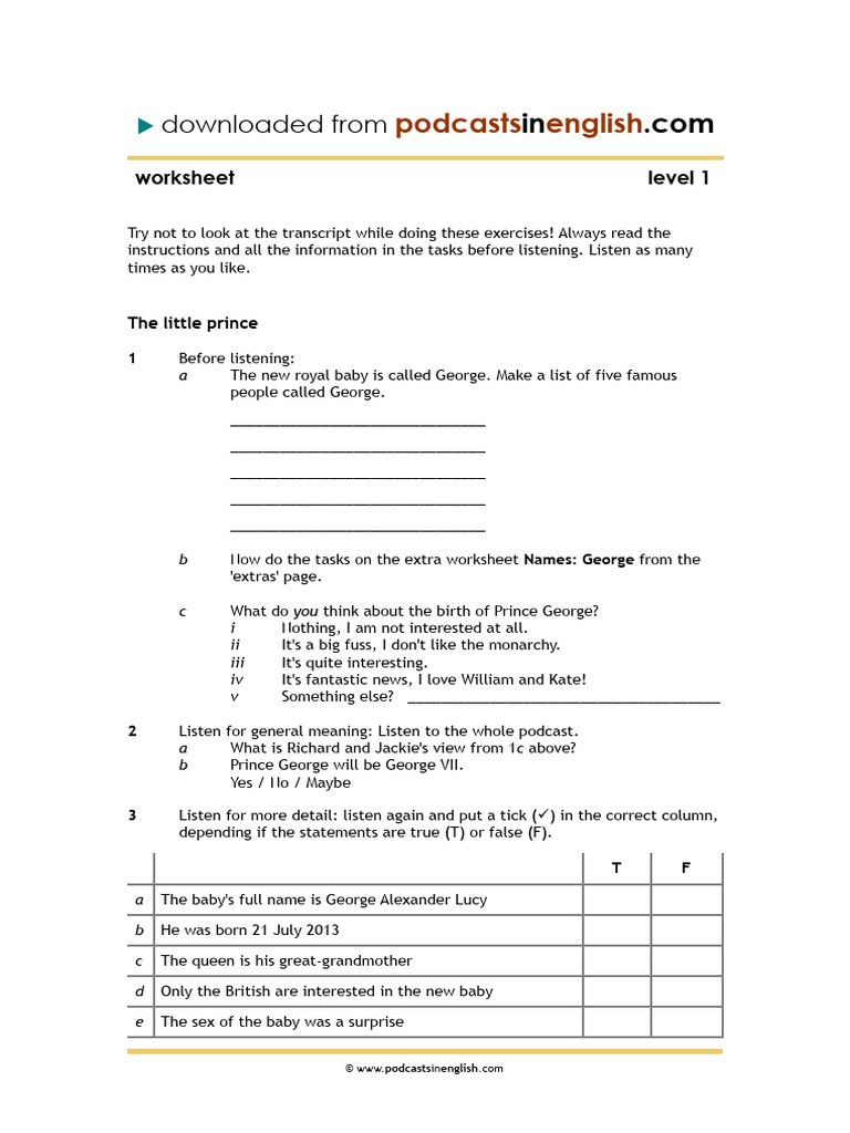 Podcast No.98 Prince - Worksheet | PDF
