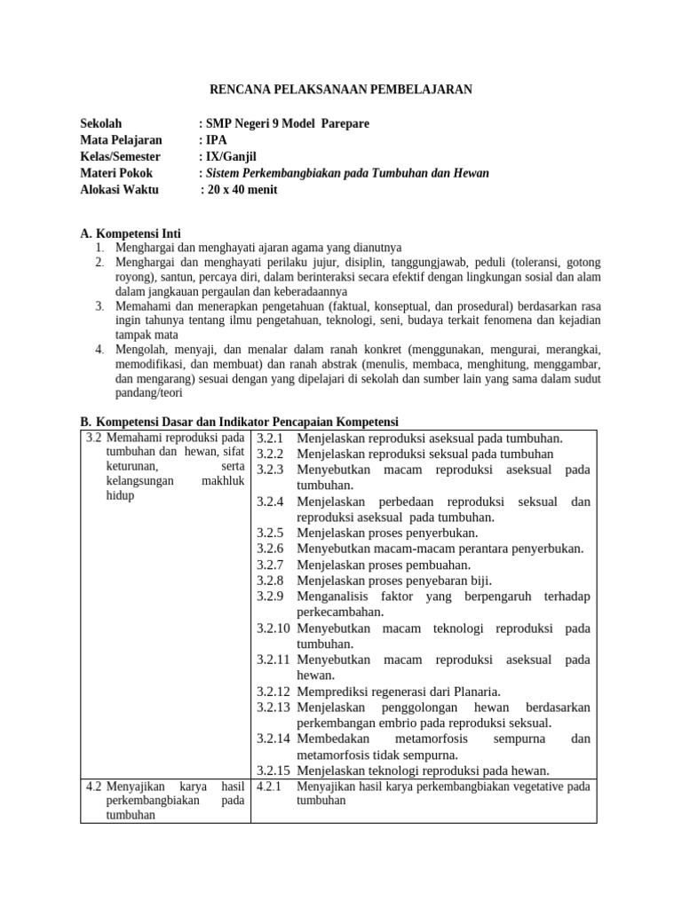 RPP Sistem Perkembangbiakan Pada Tumbuhan Dan Hewan | PDF