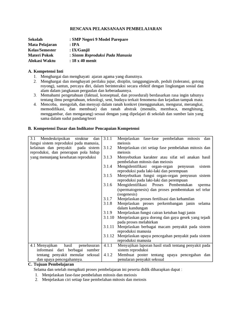 RPP IPA Kelas IX: Sistem Reproduksi | PDF