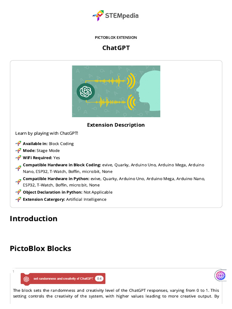 ChatGPT - Blocks, Python Functions, Projects - PictoBlox Extension | PDF | Artificial ...