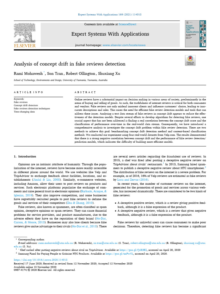 Analysis of Concept Drift in Fake Reviews Detection | PDF | Deep Learning | Statistics