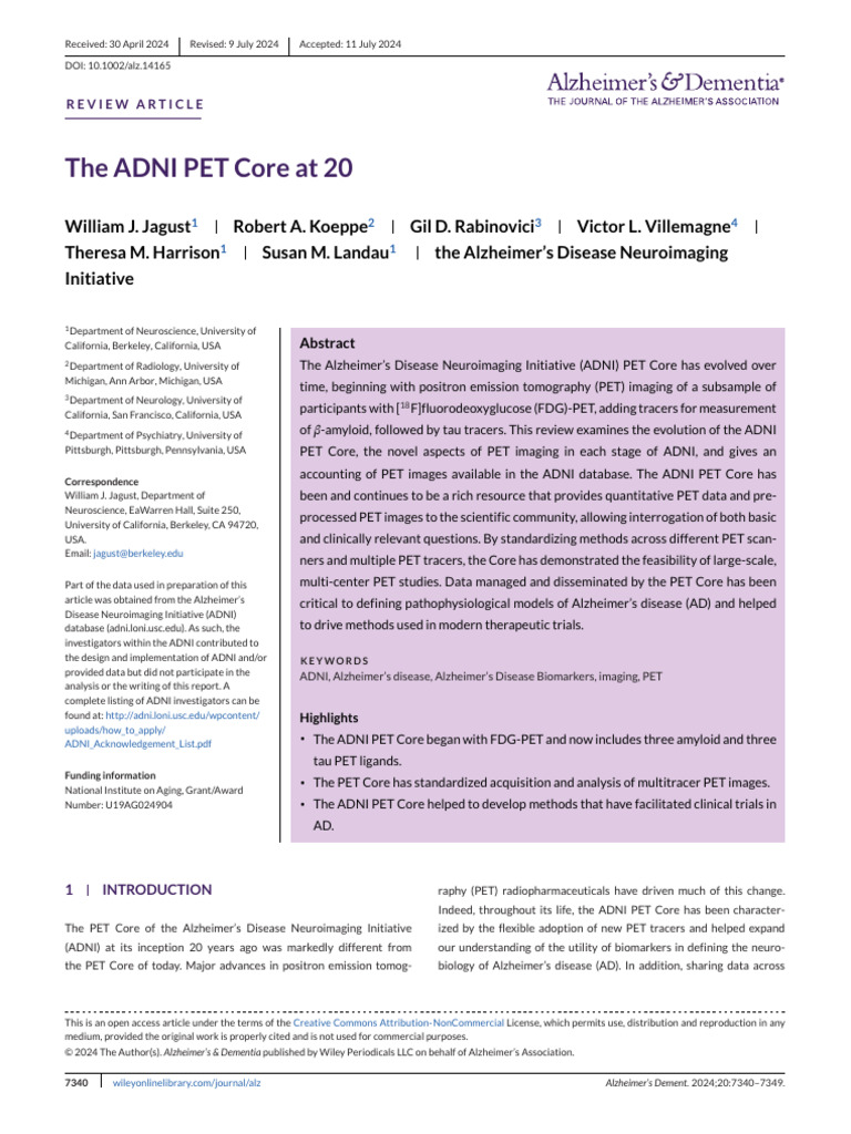 The ADNI PET Core at 20 | PDF | Positron Emission Tomography | Amyloid Beta
