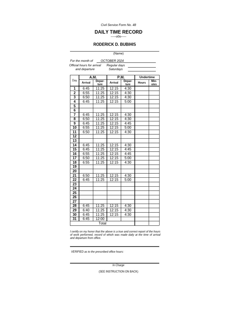 CSC Form 48 Daily Time Record (DTR) | PDF