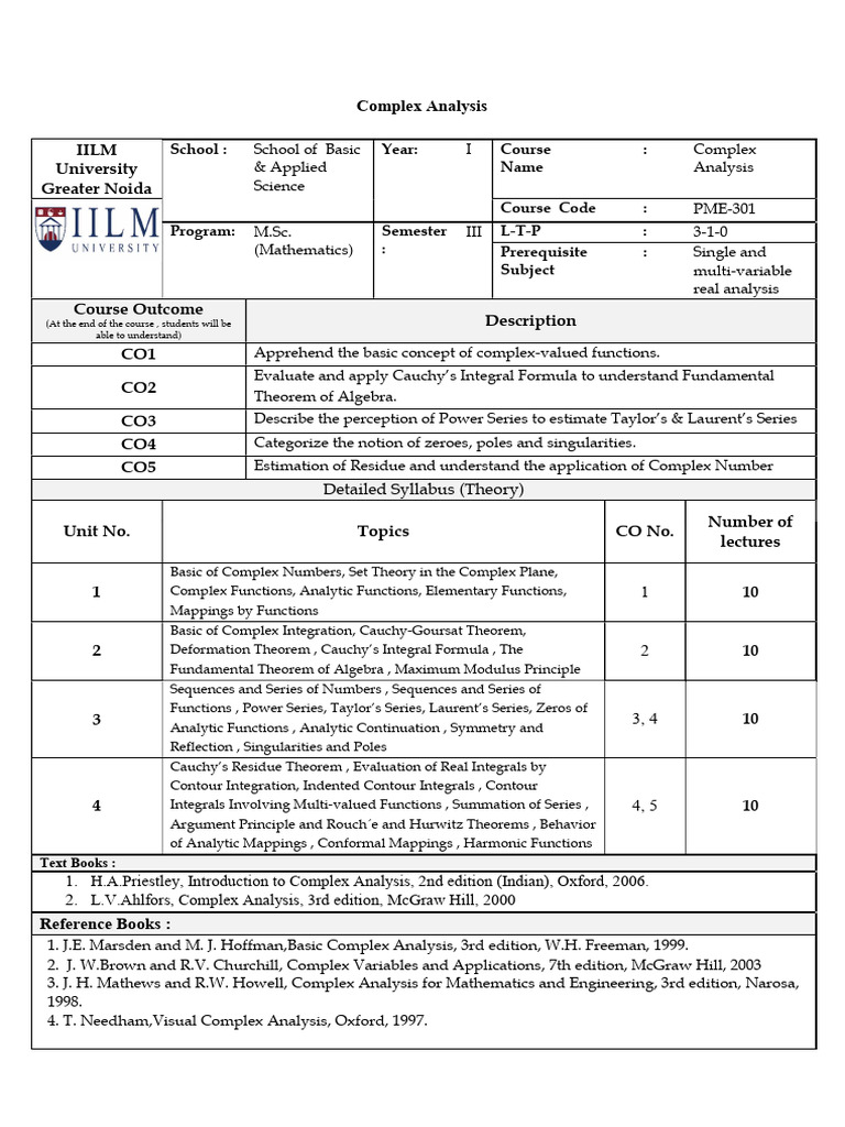 Complex Analysis Syllabus IILM MSc Maths | PDF | Complex Analysis | Mathematical Analysis