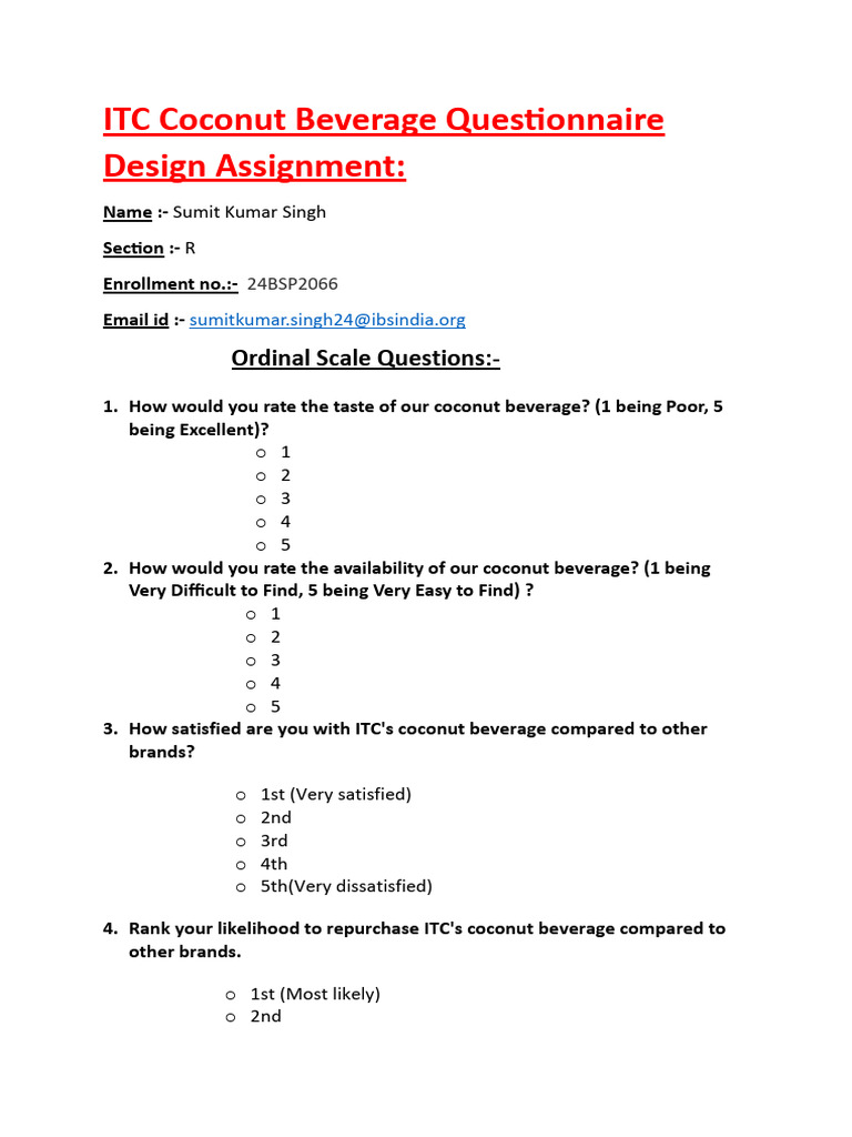 ITC Coconut Beverage Questionnaire Assignment | PDF | Drink