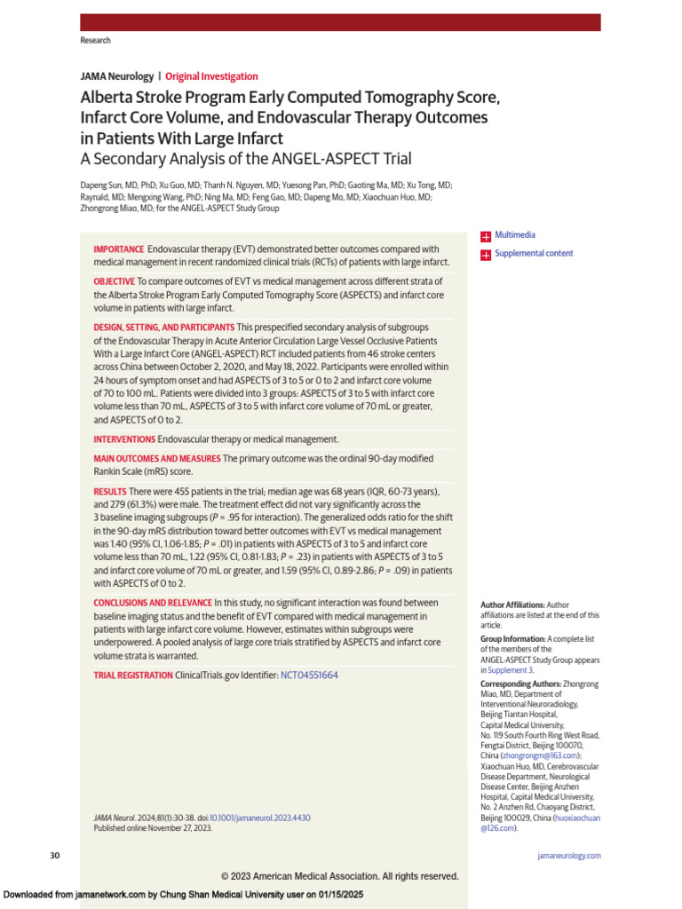 Alberta Stroke Program Early Computed Tomography Score, Infarct Core Volume, and Endovascular ...