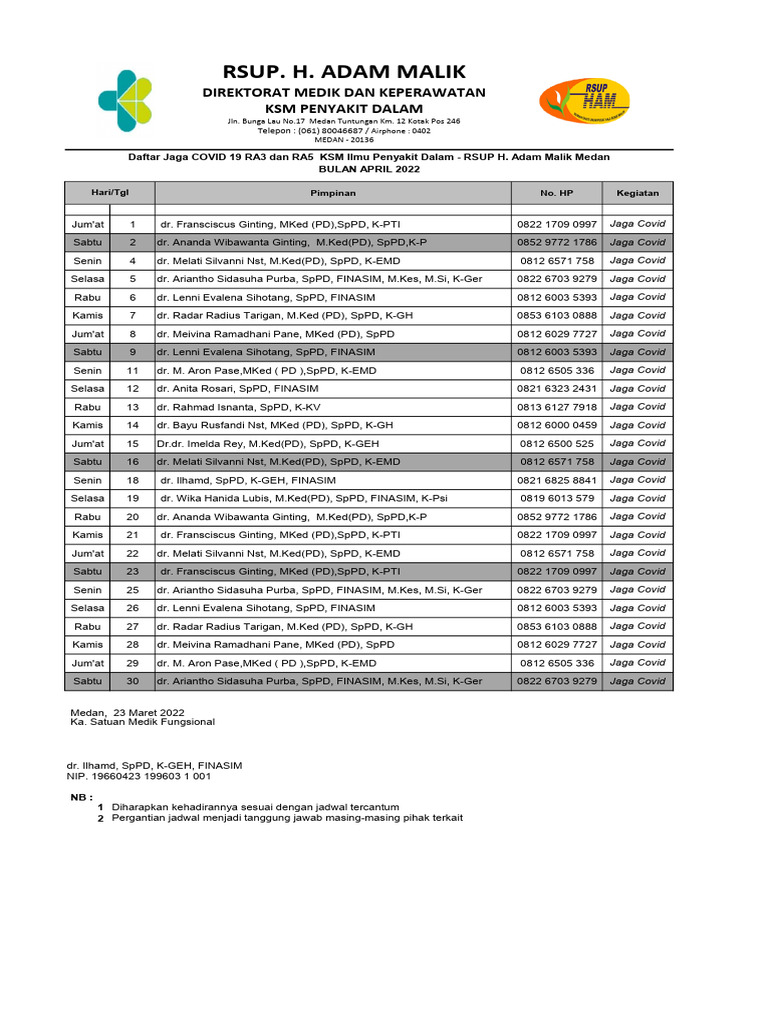 23. JADWAL DPJP KSM PENYAKIT DALAM DI RA3 DAN RA5 RSUP H. Adam Malik April 2022 | PDF