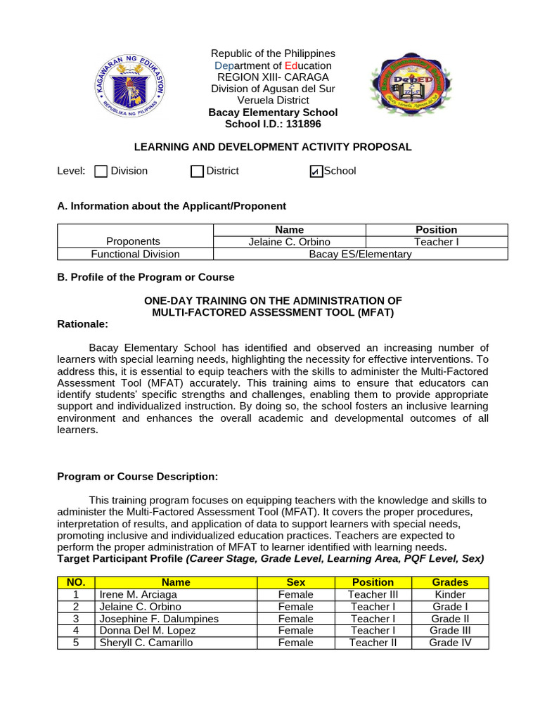 MFAT Training Proposal for Teachers | PDF | Teachers | Learning