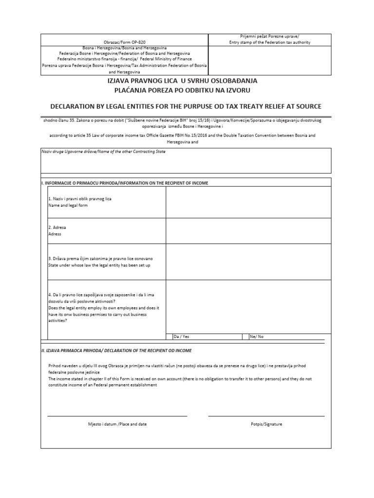 OP-820 Form for Tax Treaty Relief | PDF | Economies | Public Finance