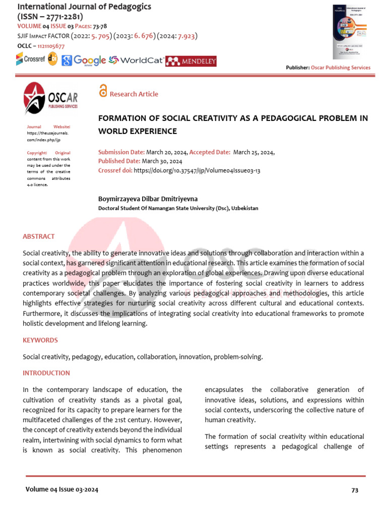 13 73-78 Ijp FARINA FORMATION+OF+SOCIAL+CREATIVITY+AS+A+PEDAGOGICAL ...