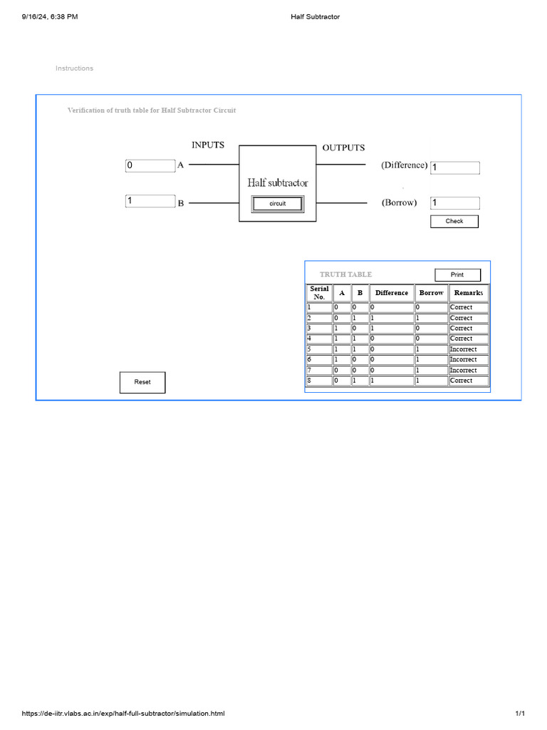 Half Subtractor Truth Table Verification | PDF